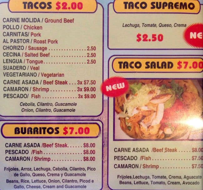Menu at Tacos Y Mas restaurant, New York City