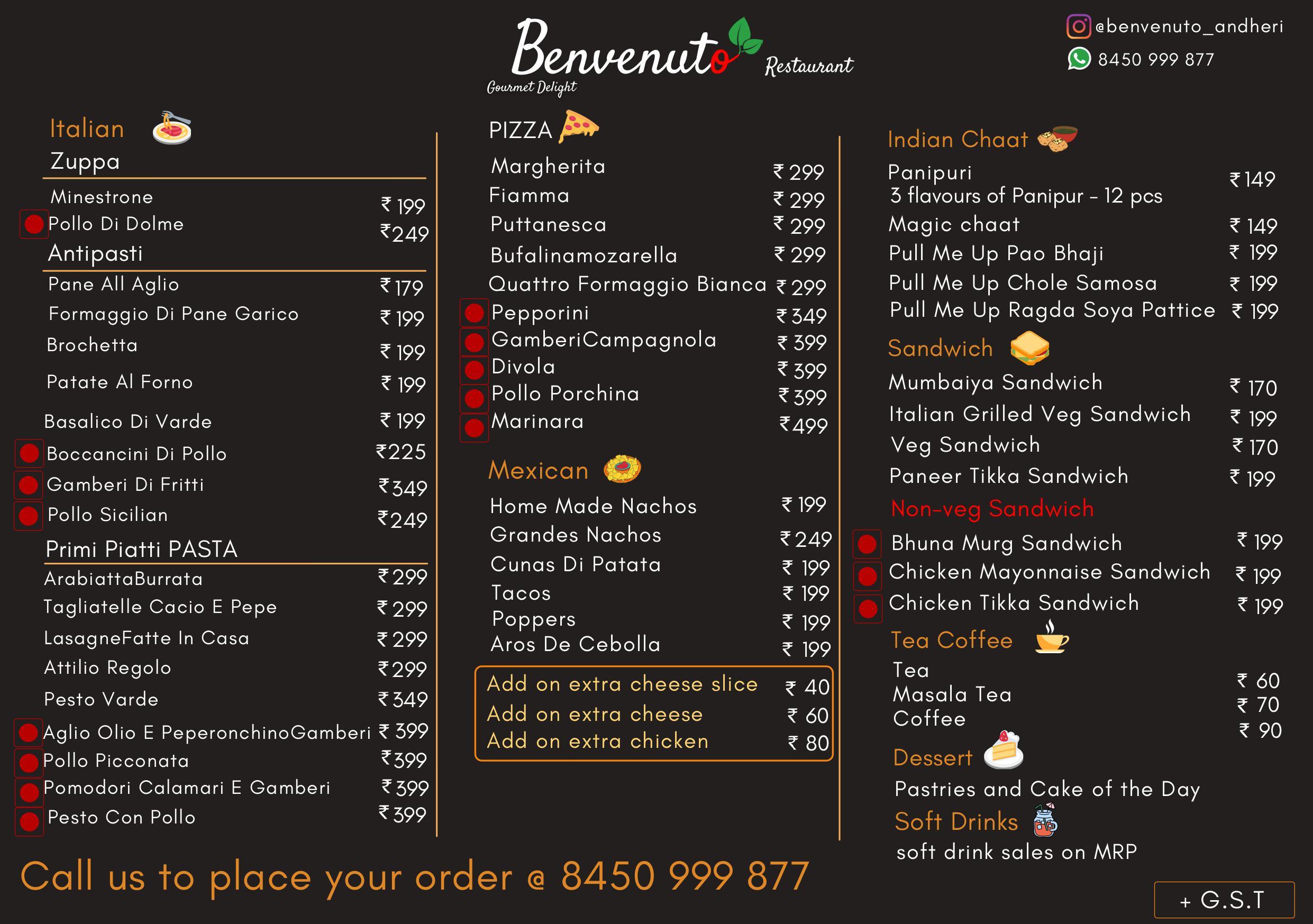 Menu at Benvenuto Restaurant, Mumbai