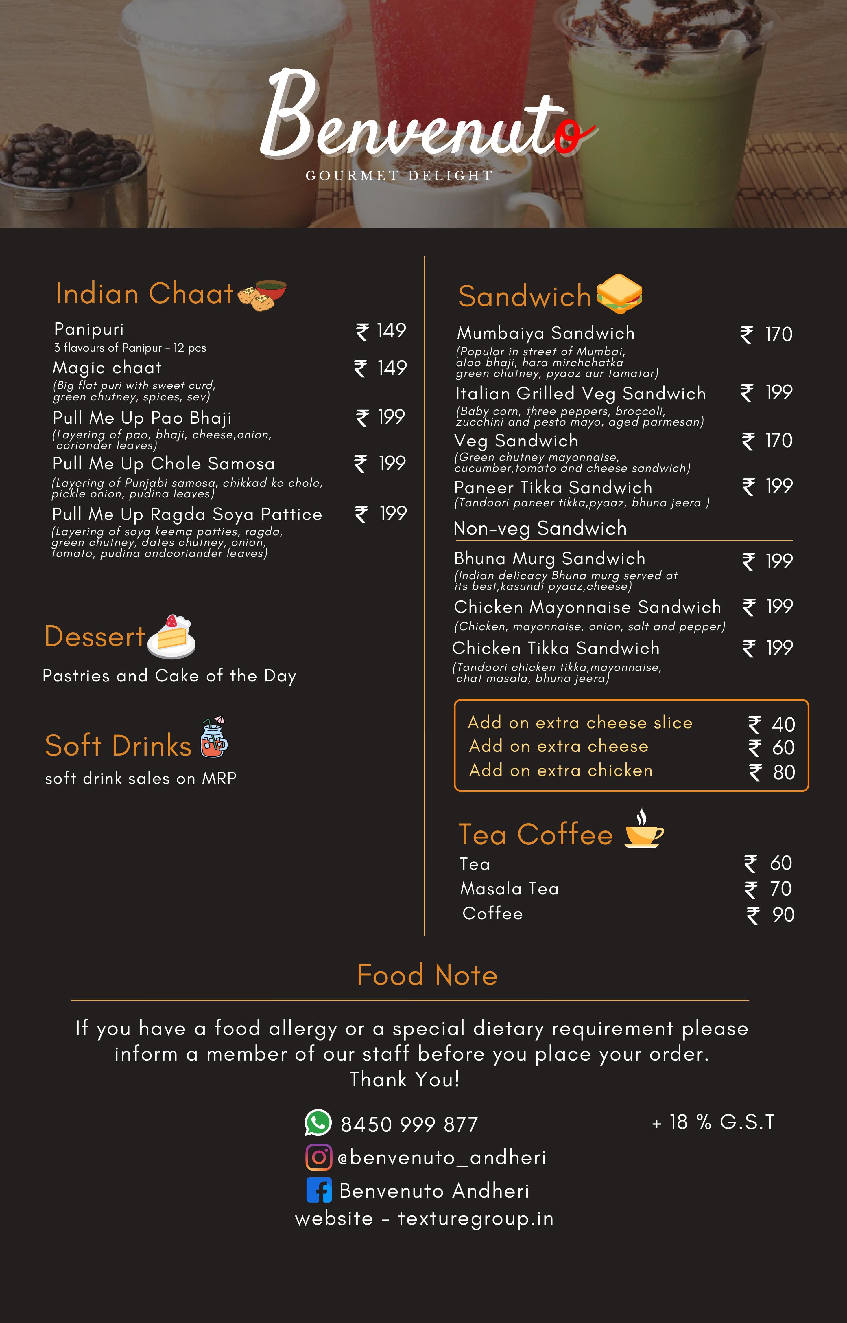 Menu at Benvenuto Restaurant, Mumbai