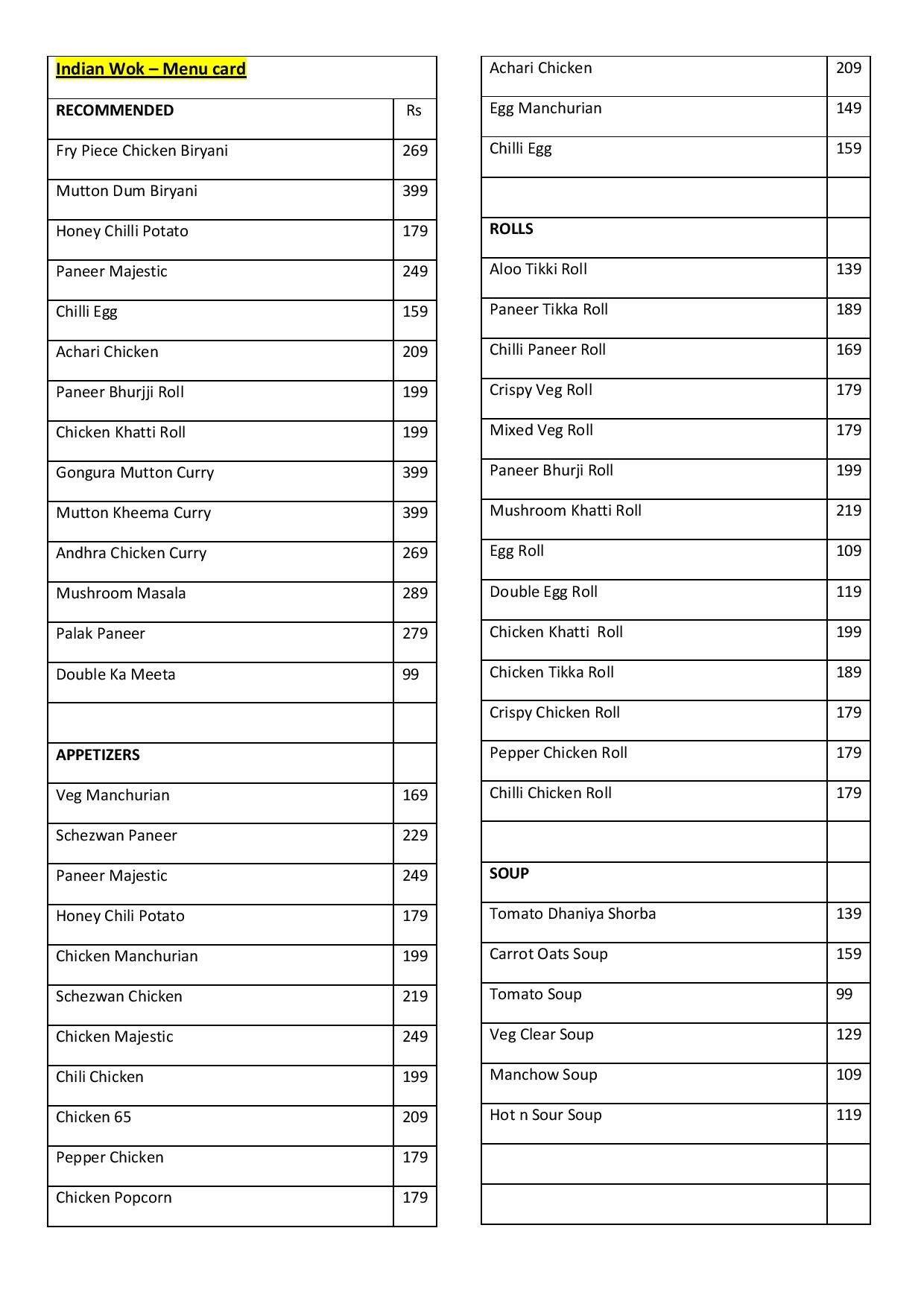 Menu at Indian Wok, Hyderabad