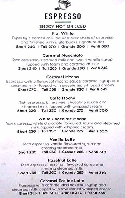 Menu of Starbucks Coffee, Vaishali Nagar, Jaipur
