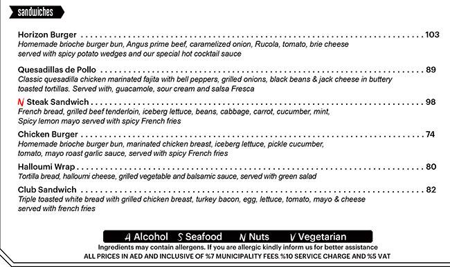 Menu at Horizon pub & bar, Dubai, Le Meridien Mina Seyahi Beach Resort ...