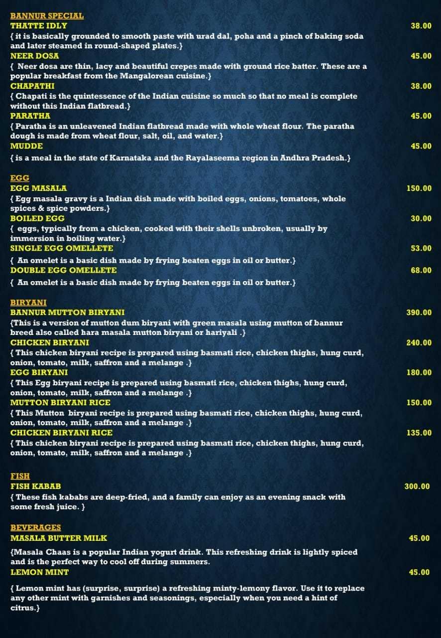 Menu of Bannur Mutton Biryani Point, New BEL Road, Bangalore