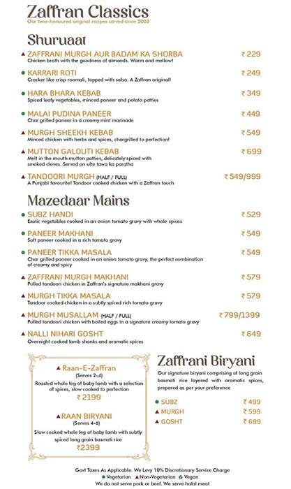 Menu of Zaffran, Infiniti Mall 2, Malad West, Mumbai