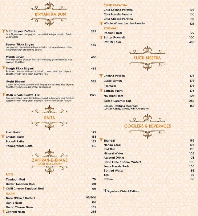 Menu at Zaffran, Navi Mumbai, 41 Palm Beach Rd