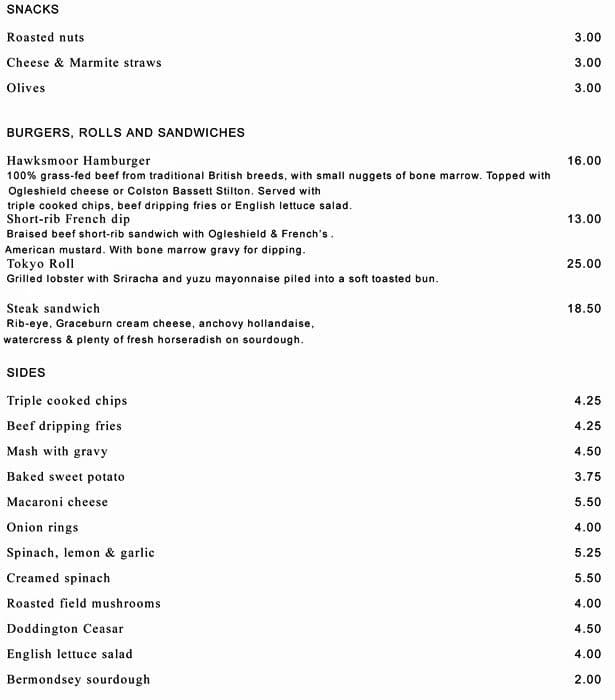 Menu at Hawksmoor Guildhall pub & bar, London, 10 Basinghall St