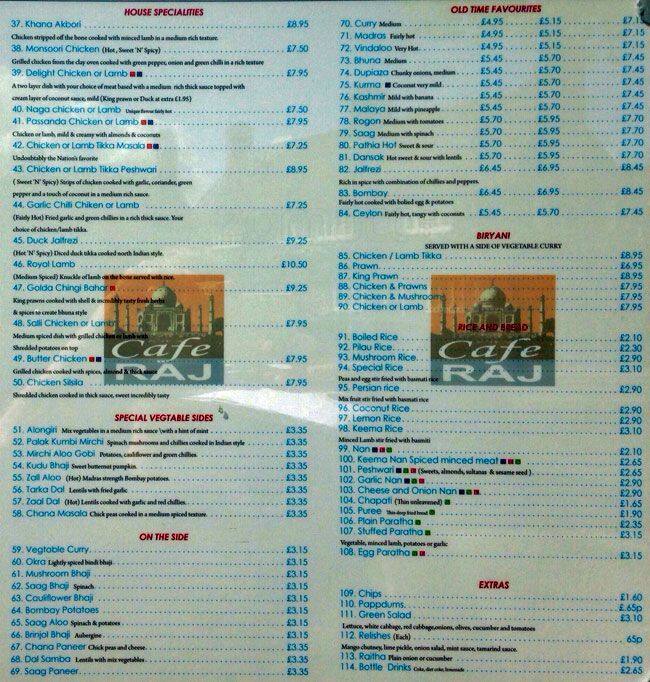 Menu at Cafe Raj, London, 69 Well Hall Rd