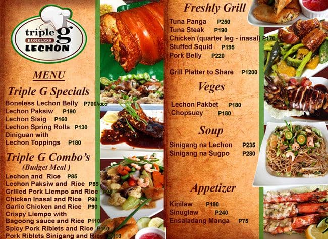 Carta de Triple G Boneless Lechon Grill and Restaurant, Pasay