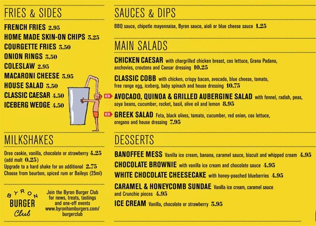 Menu at Byron restaurant, Manchester, 115 Deansgate