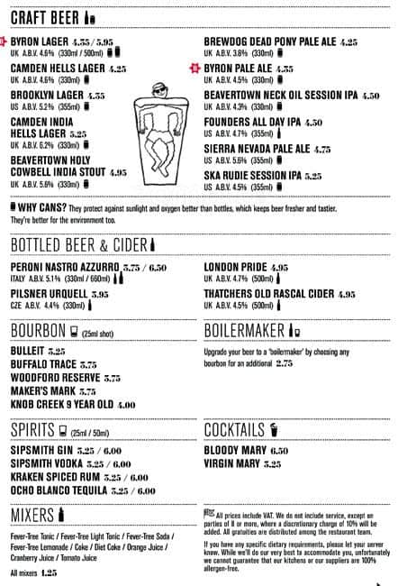 Menu at Byron restaurant, Manchester, 115 Deansgate