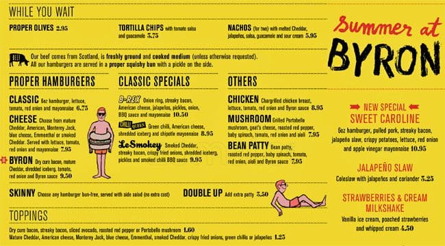 Menu at Byron restaurant, Manchester, 115 Deansgate