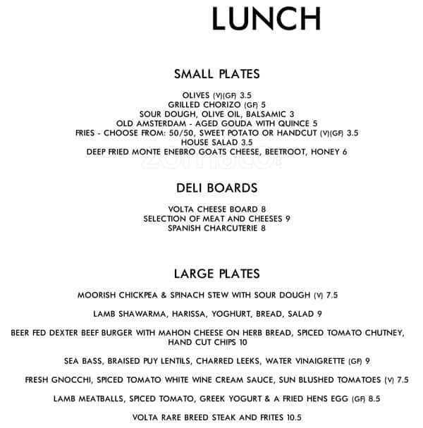 Menu at Volta pub & bar, Manchester