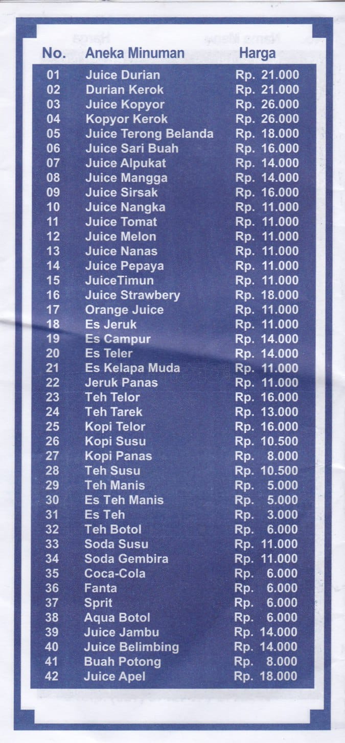 Menu at Sederhana Benhil restaurant, Jakarta, Jl. Bendungan Hilir Raya No.1