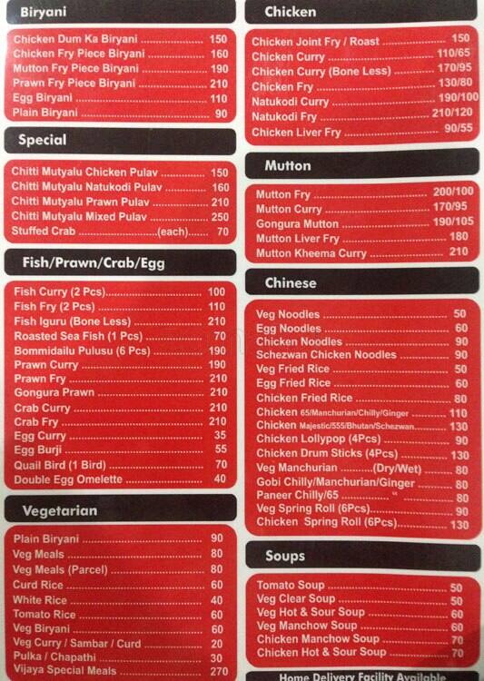 Menu at Hotel Sri Vijaya, Hyderabad