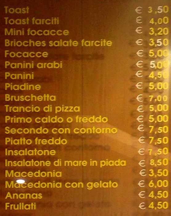 Menu at Caffè Giardino pub & bar, Milan, Via Santa Sofia