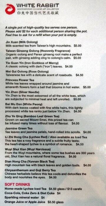 Menu at White Rabbit Teahouse cafe, Chippendale, 30 Balfour St