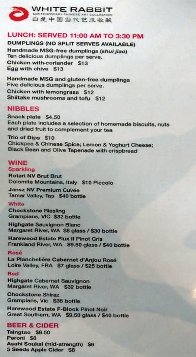 Menu at White Rabbit Teahouse cafe, Chippendale, 30 Balfour St