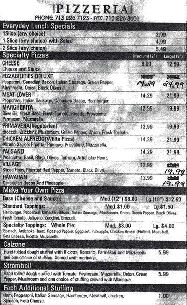 Menu at Pastabilities pizzeria, Houston, 815 Walker St