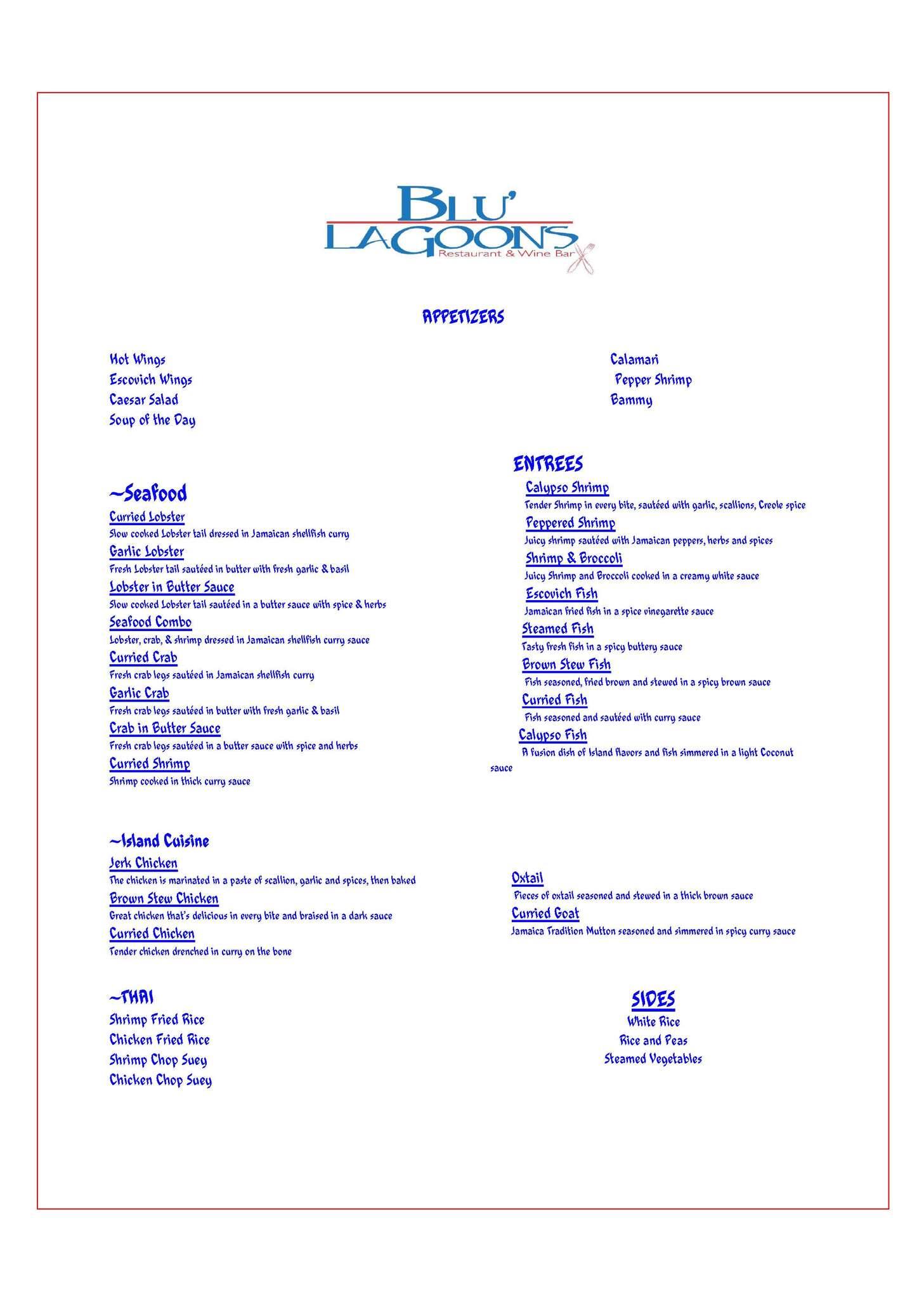 Menu at Blu Lagoons Restaurant A, Tamarac