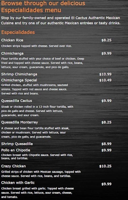 Menu at El Cactus restaurant, Coralville, 104 1st Ave