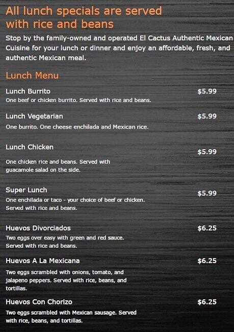 Menu at El Cactus restaurant, Coralville, 104 1st Ave