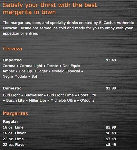Menu at El Cactus restaurant, Coralville, 104 1st Ave
