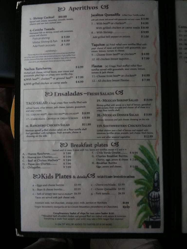 Menu at El Jacalito Grill restaurant, Big Bear Lake