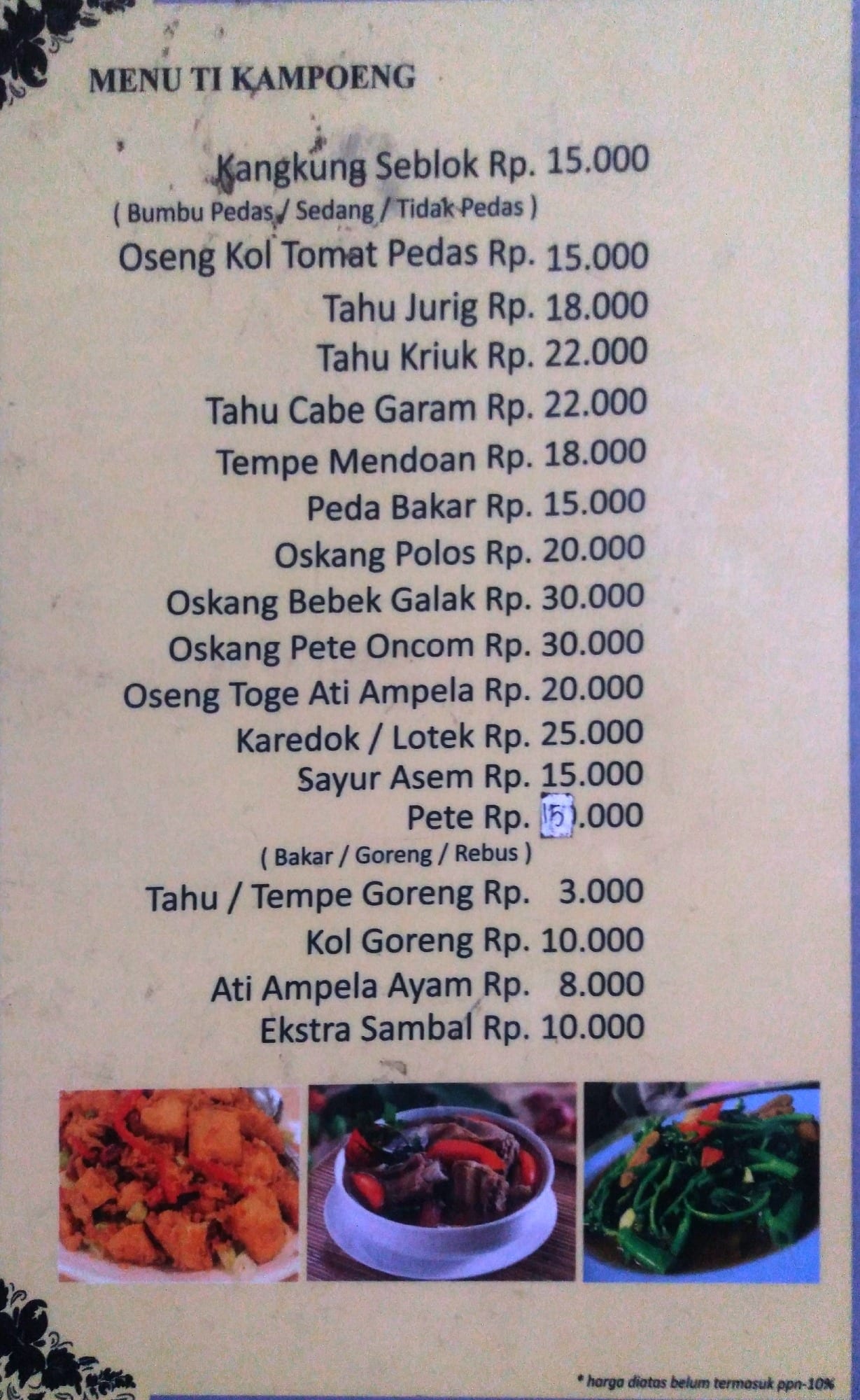 Menu at Kampung Rasa restaurant, Lembang, Jl. Raya Lembang no. 243