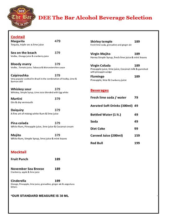 Menu at DEE The Bar, Secunderabad
