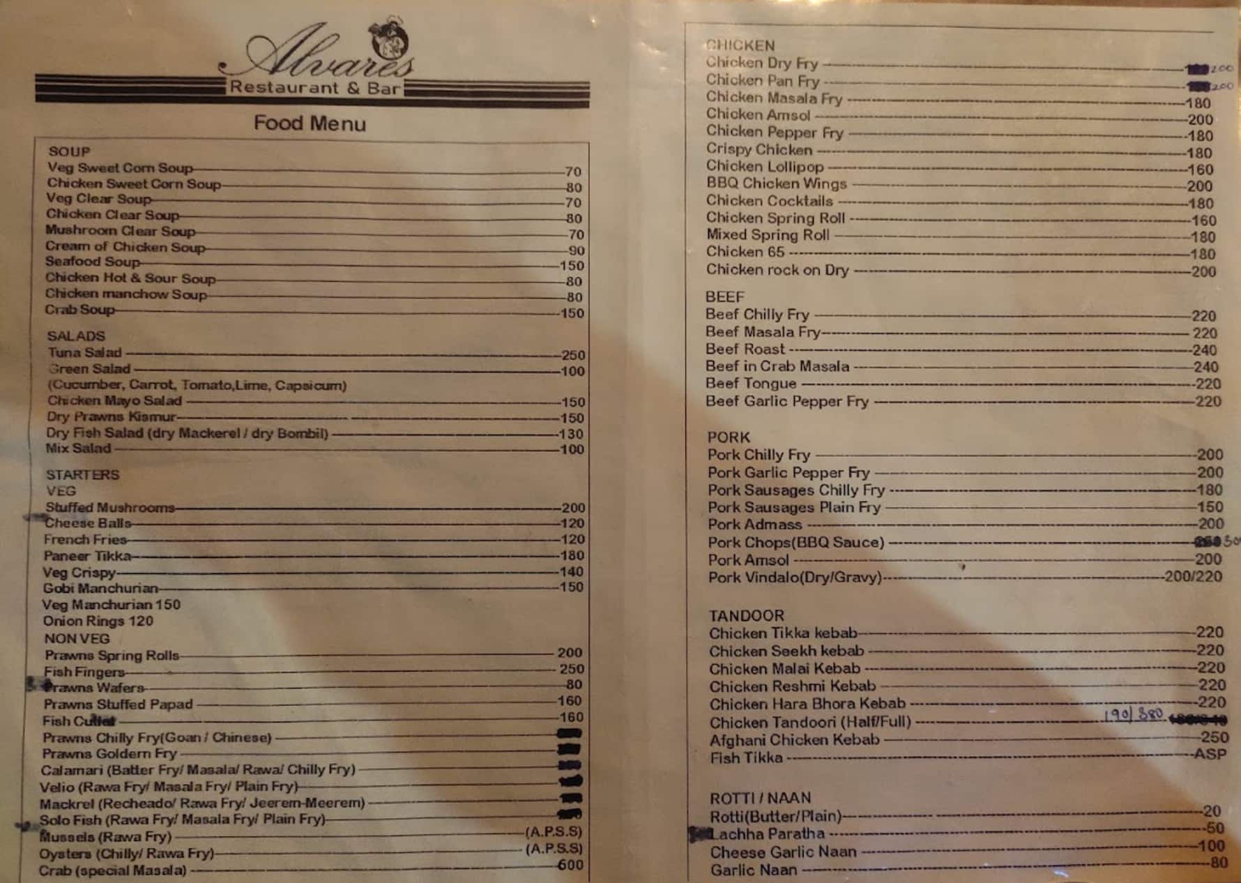 Menu of Alvares Restaurant & Bar, Verna, Goa