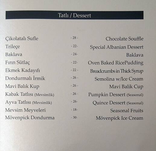 Menu at Mavi Balık, Istanbul