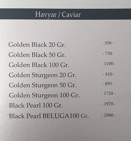 Menu at Mavi Balık, Istanbul