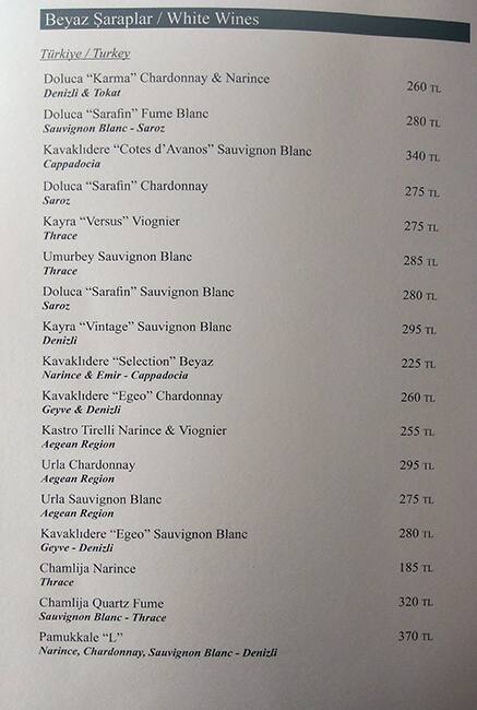 Menu at Mavi Balık, Istanbul