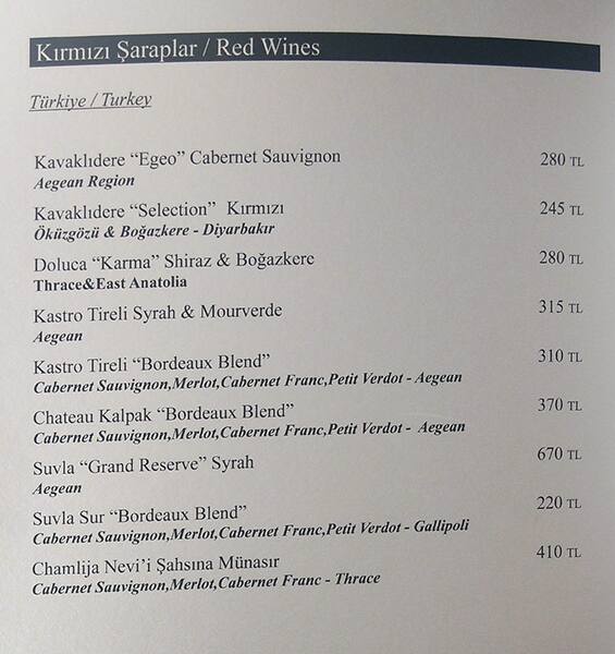 Menu at Mavi Balık, Istanbul