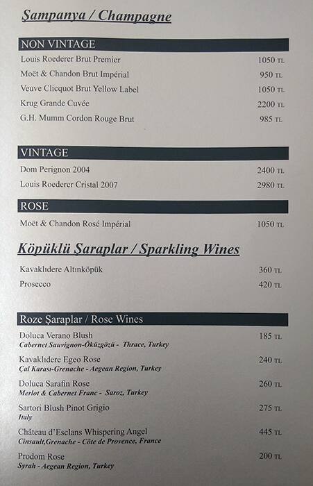 Menu at Mavi Balık, Istanbul