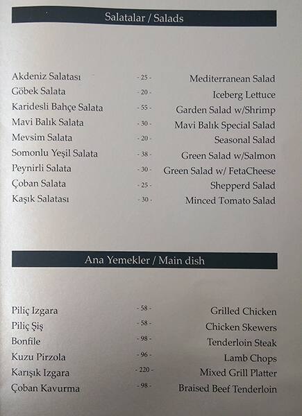 Menu at Mavi Balık, Istanbul