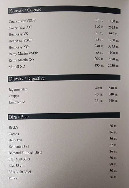 Menu at Mavi Balık, Istanbul