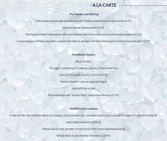 Menu at FishWorks restaurant, London, 89 Marylebone High St