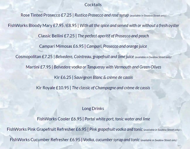 Menu at FishWorks restaurant, London, 89 Marylebone High St