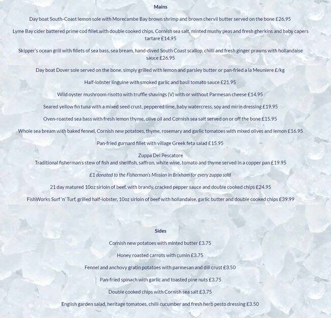Menu at FishWorks restaurant, London, 89 Marylebone High St