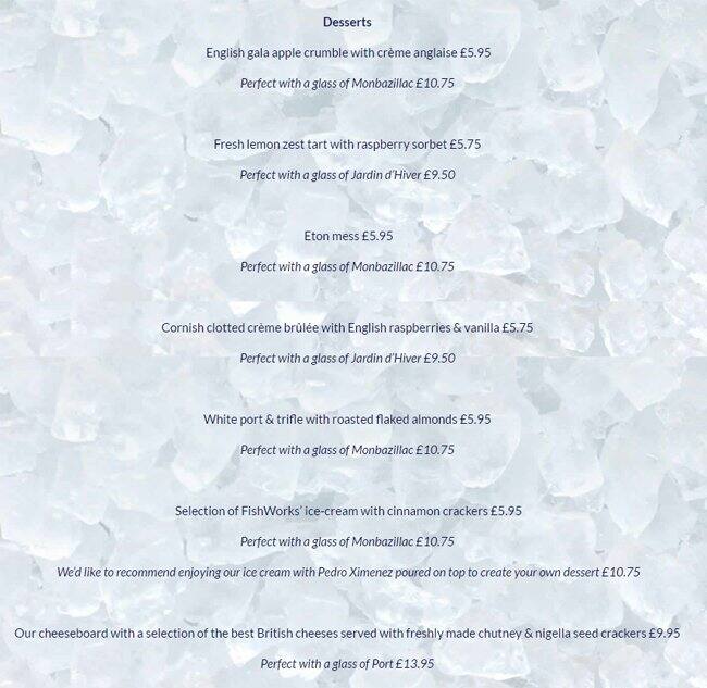 Menu at FishWorks restaurant, London, 89 Marylebone High St