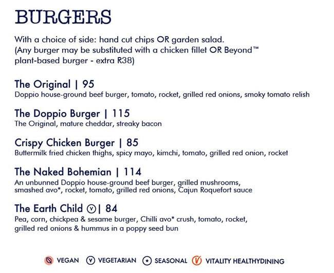 Menu at Doppio Zero, Pearls Umhlanga restaurant, Durban