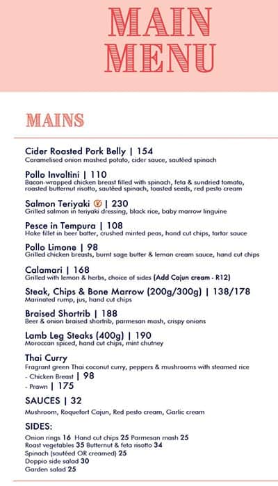 Menu au Doppio Zero restaurant, Umhlanga