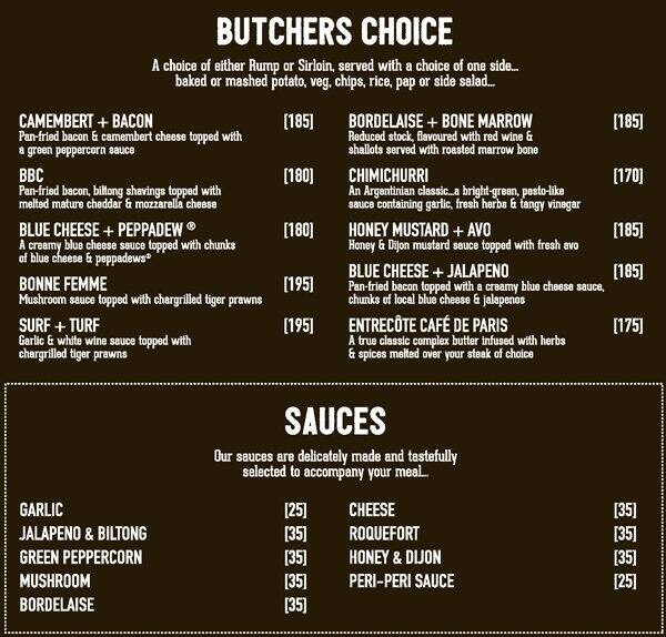 Menu at Butcher Block Mall of the South restaurant, Johannesburg South