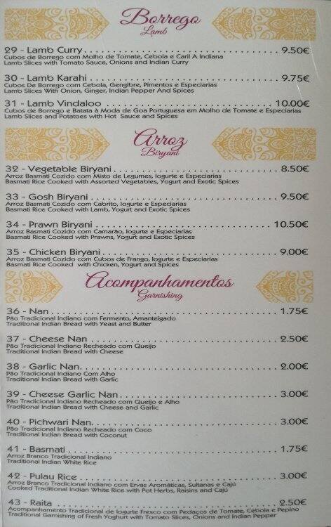 Menu em Marrakesh restaurante, Lisboa