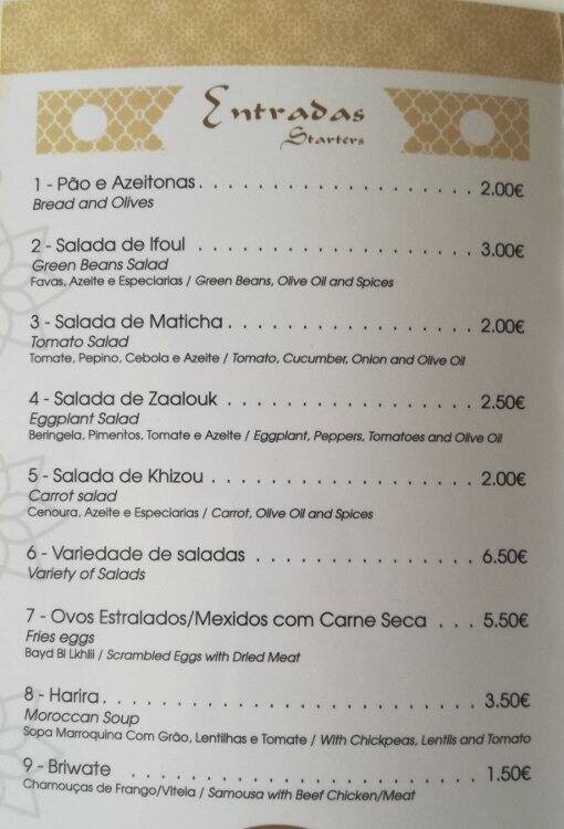Menu em Marrakesh restaurante, Lisboa