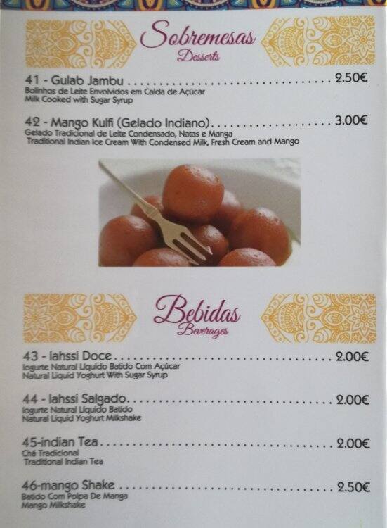 Menu at Marrakesh restaurant, Lisbon