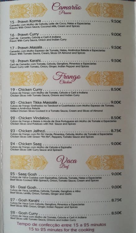 Menu at Marrakesh restaurant, Lisbon