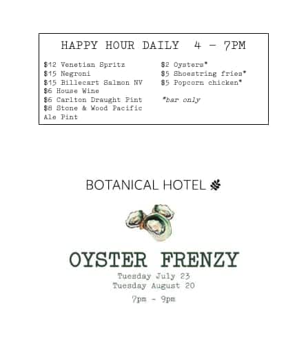 Menu at Botanical Hotel restaurant, South Yarra