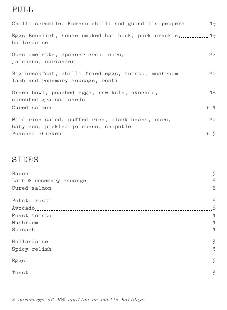 Menu at Botanical Hotel restaurant, South Yarra